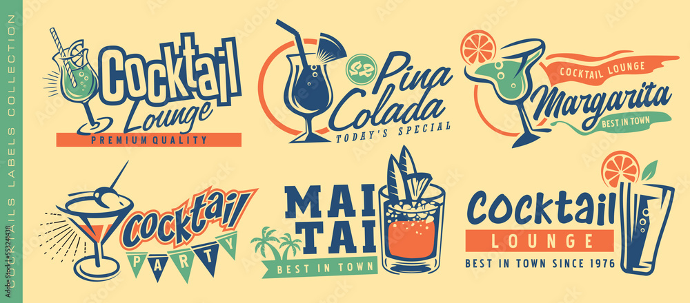 Cocktails and drinks set of creative banners and labels with popular ...