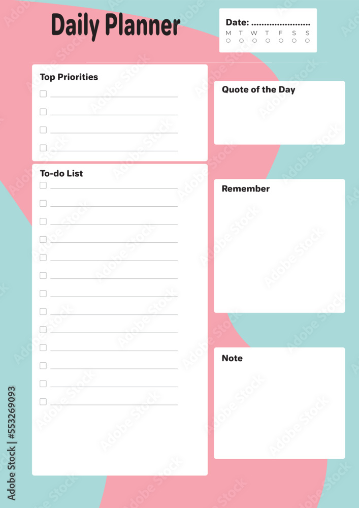 Daily planner printable template Vector with colorful notebook page for ...