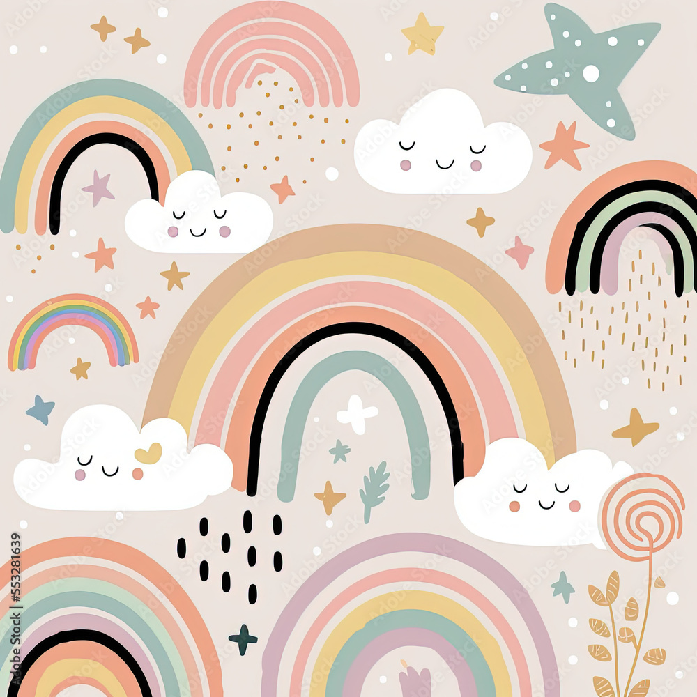 pattern with clouds and stars, boho rainbow pattern with modern pastel ...