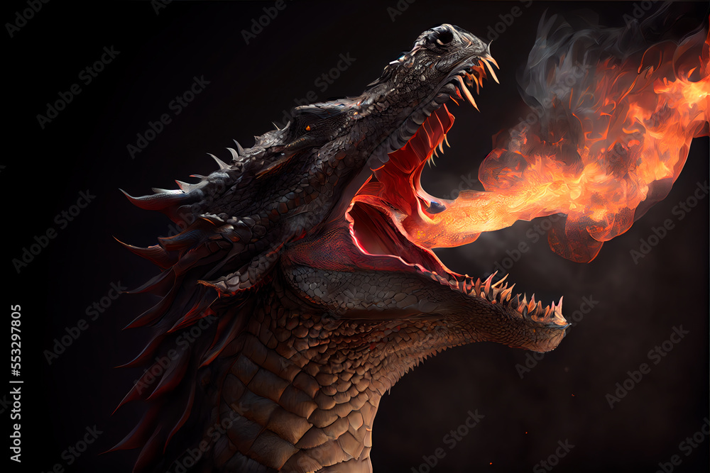Stock-Illustration „Fire Dragon head breathing fire. Generative AI“ | Adobe Stock