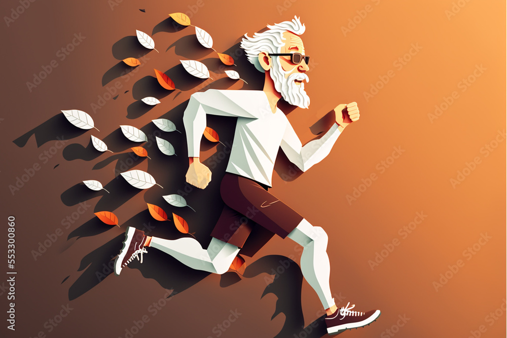 paper craft style illustration of an old man running , healthy ...