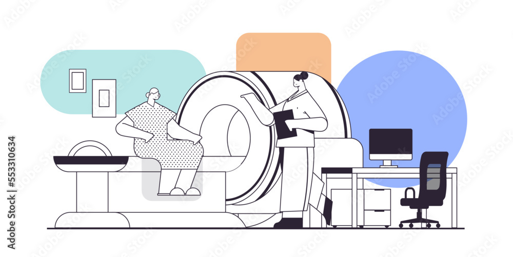 doctor with senior patient in tomography machine magnetic resonance ...