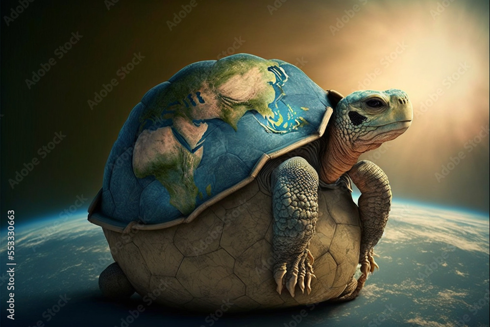 World Turtle ancient myth concept with giant tortoise supporting planet ...