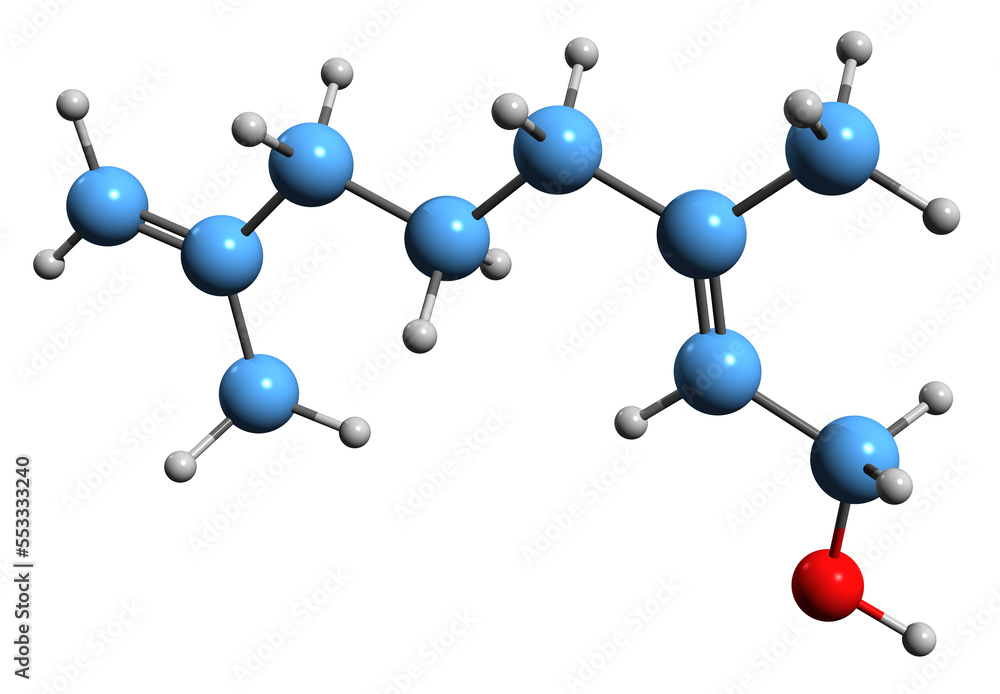 3D image of Nerol skeletal formula - molecular chemical structure of monoterpenoid alcohol ...