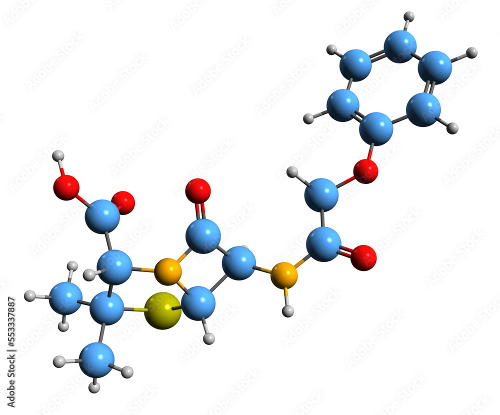 3D image of Phenoxymethylpenicillin skeletal formula - molecular ...