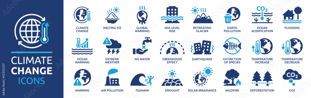 Climate change icon set. Containing global warming, greenhouse, melting ...