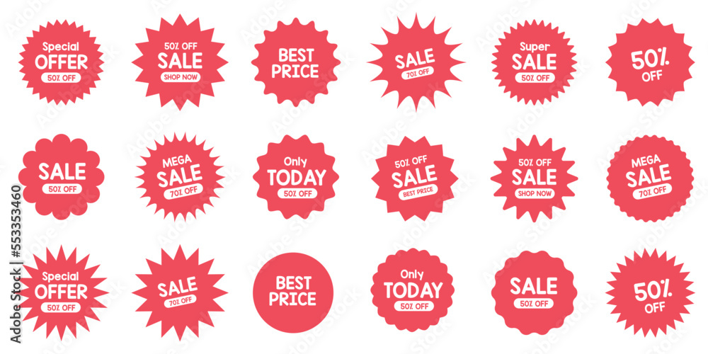 Set of vector red starburst, sunburst badges. Simple flat style vintage ...