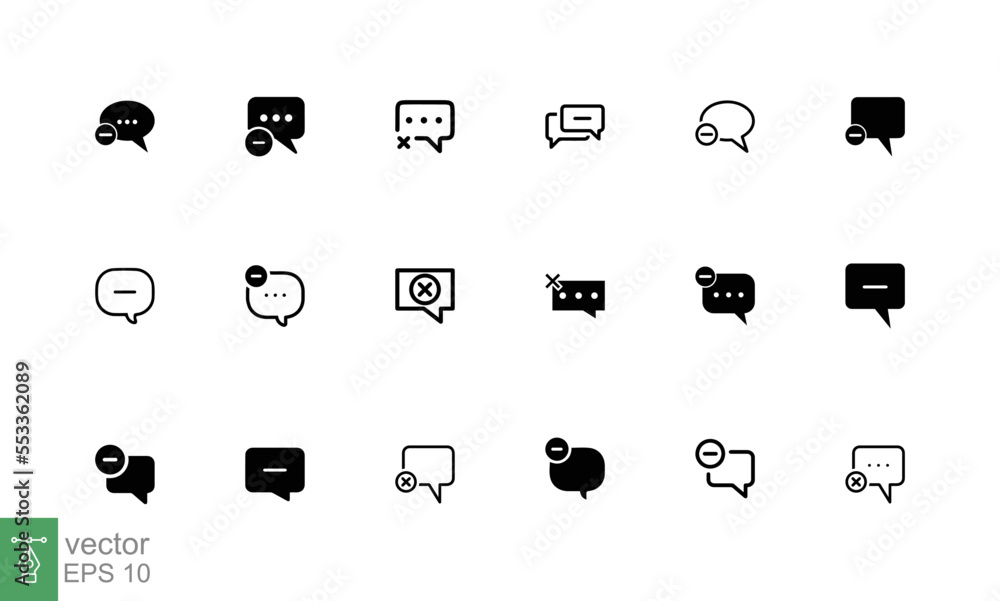 Cancel comment icon set. Simple flat style. Remove, delete chat box ...