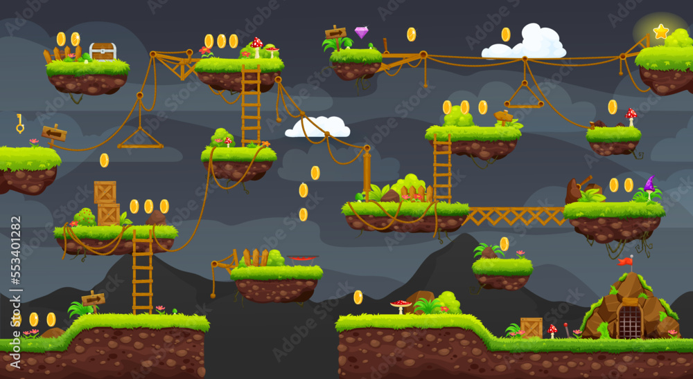 2d Arcade Game Night Level Map Interface Platform Stairs Coins