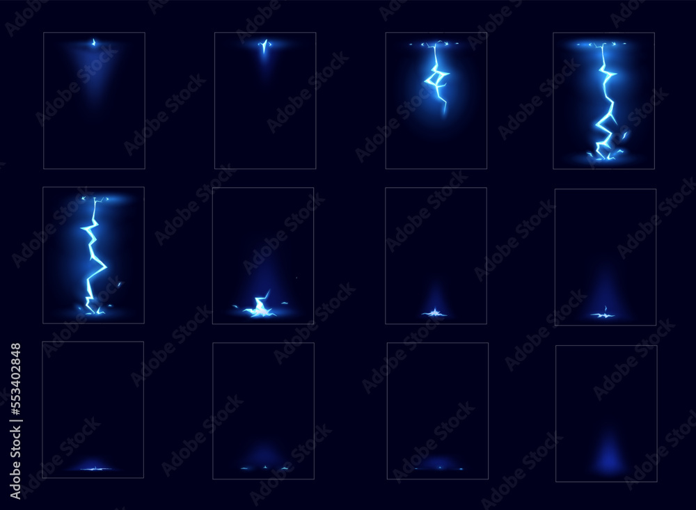 Cartoon lightning sprite animation. Blue vector thunderbolt strikes animated sheet, sequence ...