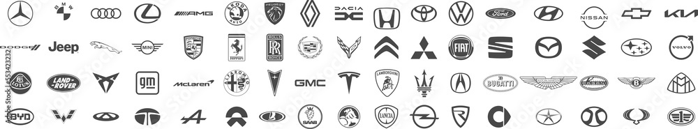 Set of popular logos of cars brands: Lamborghini, Cadillac, Corvette ...