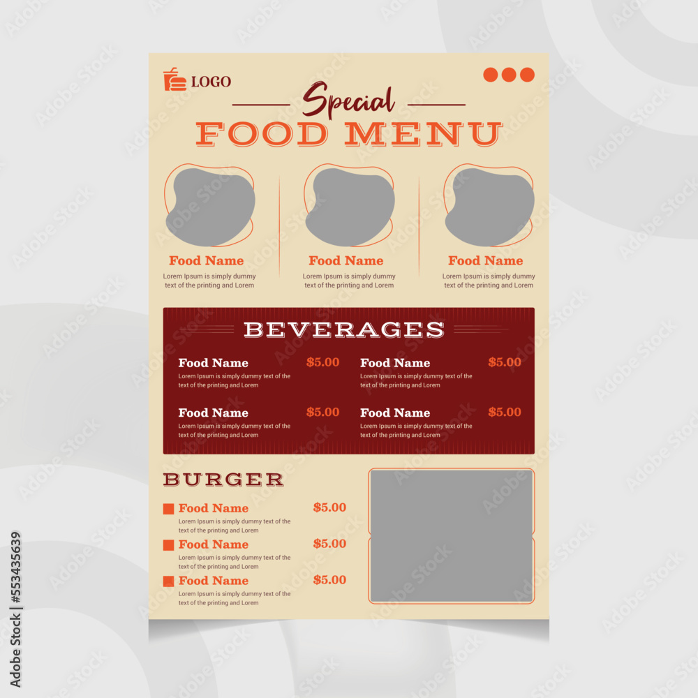 one page Food menu & Restaurant Flyer Brochure Template Design Stock ...
