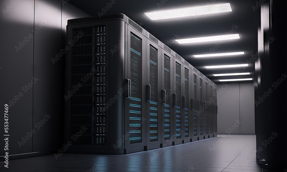 Generative AI Imagery of dark servers data center room with computers ...