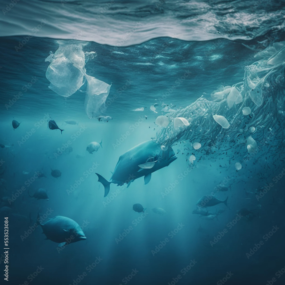 Generative AI plastic pollution underwater on ocean. Climate change ...