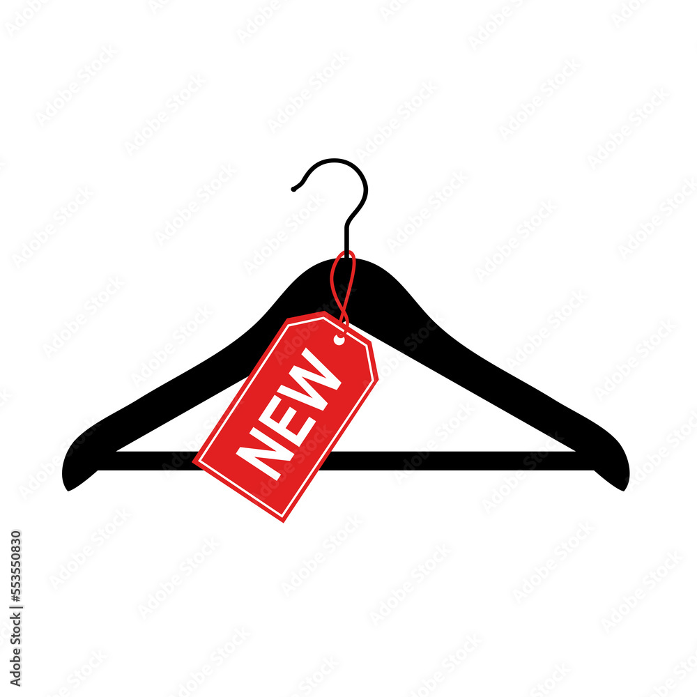 Clothes hanger, black silhouette with a red NEW tag, illustration over ...