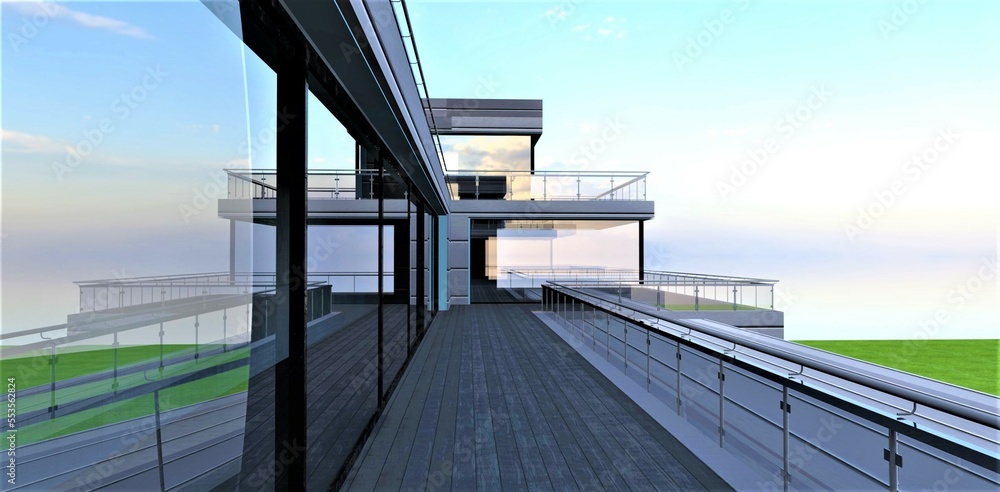 Stylish terrace of an advanced house with a wooden floor. Large sliding ...