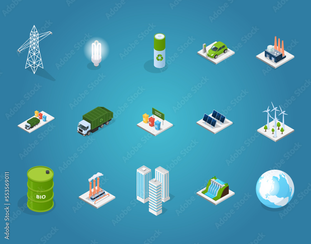 Green energy infrastructure elements materials and products set. Saving ...