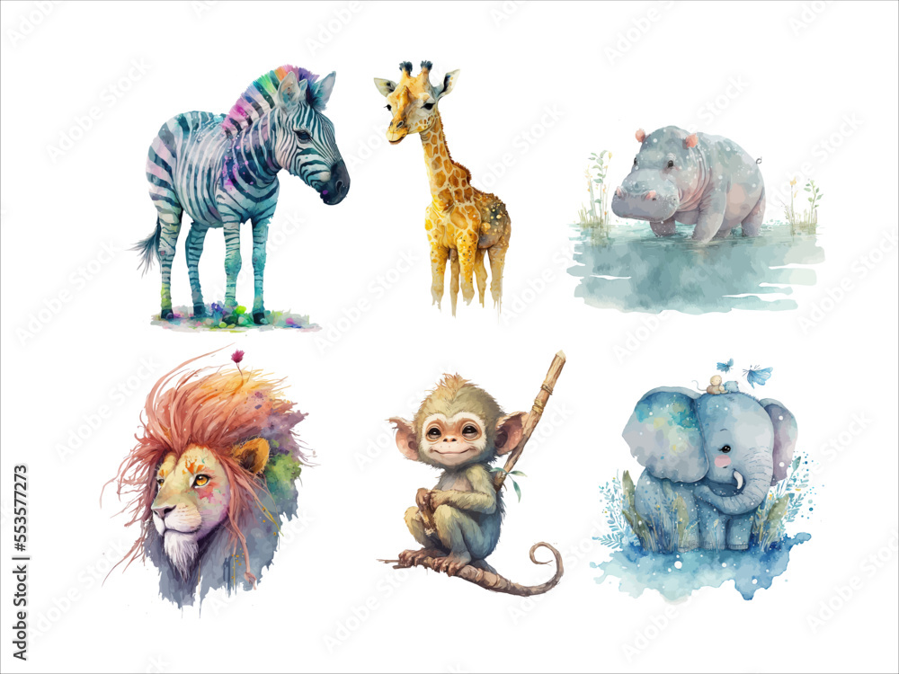 Safari Animal set zebra, giraffe, hippopotamus, lion monkey and ...