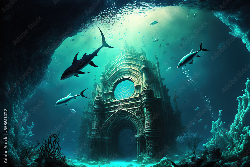 Underwater ancient city in the depths of the ocean. Atlantis lost world ...
