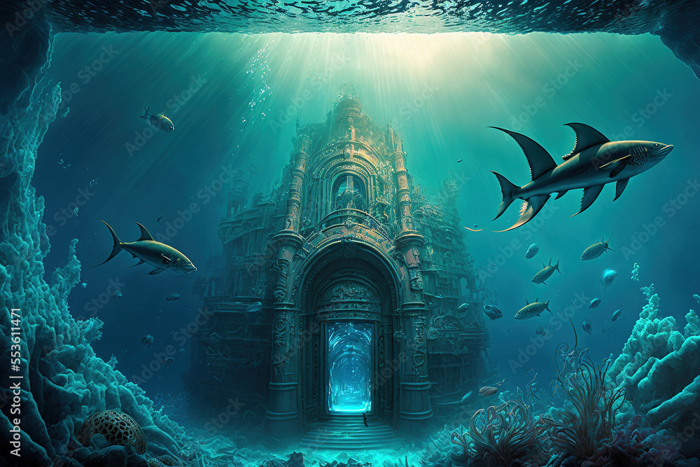 Ilustración de Stock Underwater ancient city in the depths of the ocean. Atlantis lost world ...