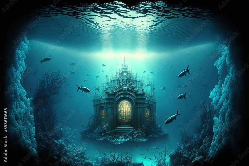 Stock-Illustration „Underwater ancient city in the depths of the ocean. Atlantis lost world ...