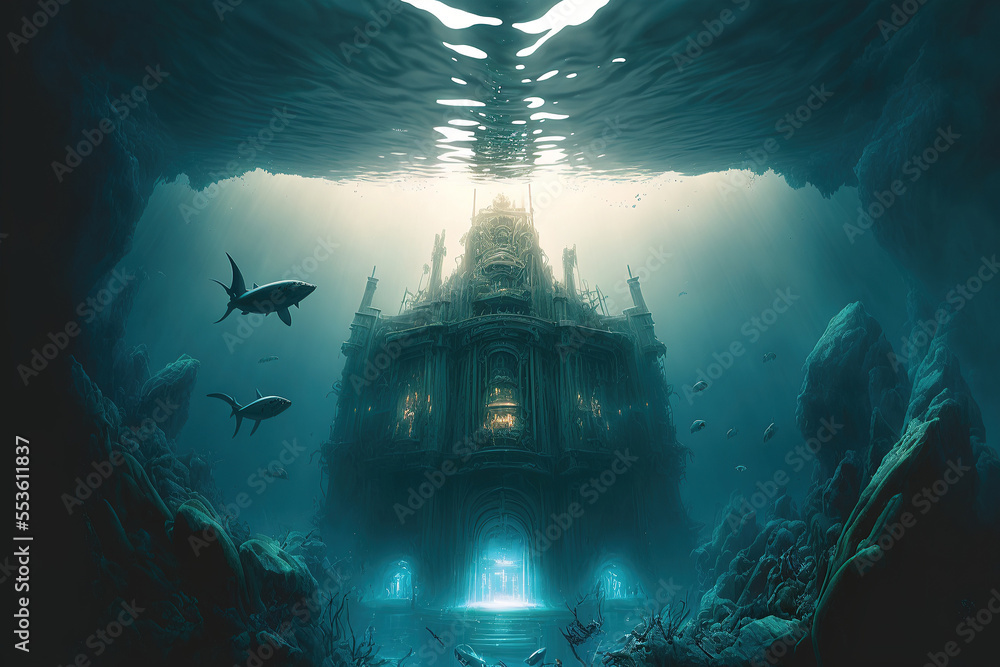 Stock-Illustration „Underwater ancient city in the depths of the ocean. Atlantis lost world ...