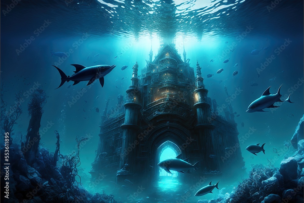 Underwater ancient city in the depths of the ocean. Atlantis lost world. ancient sunken ...