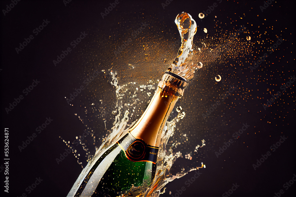 champagne bottle popping open with a spray of golden liquid coming out ...