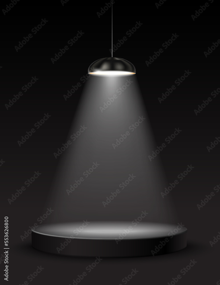 3d realistic vector light effect. Black stage illuminated spotlight from lamp on dark background ...