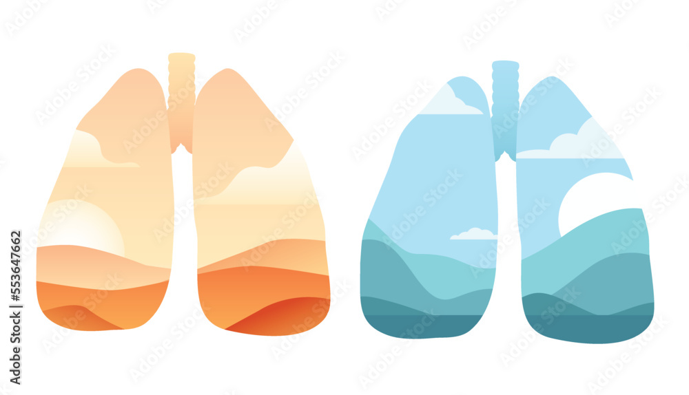 Vector set of silhouettes of human lungs with nature landscape inside ...