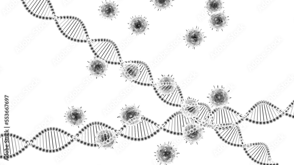 X-ray Molecular structure, DNA model structure and red virus under ...