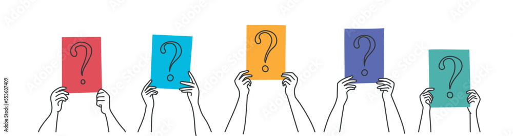 People with raised arms holding question mark. Stock Vector | Adobe Stock