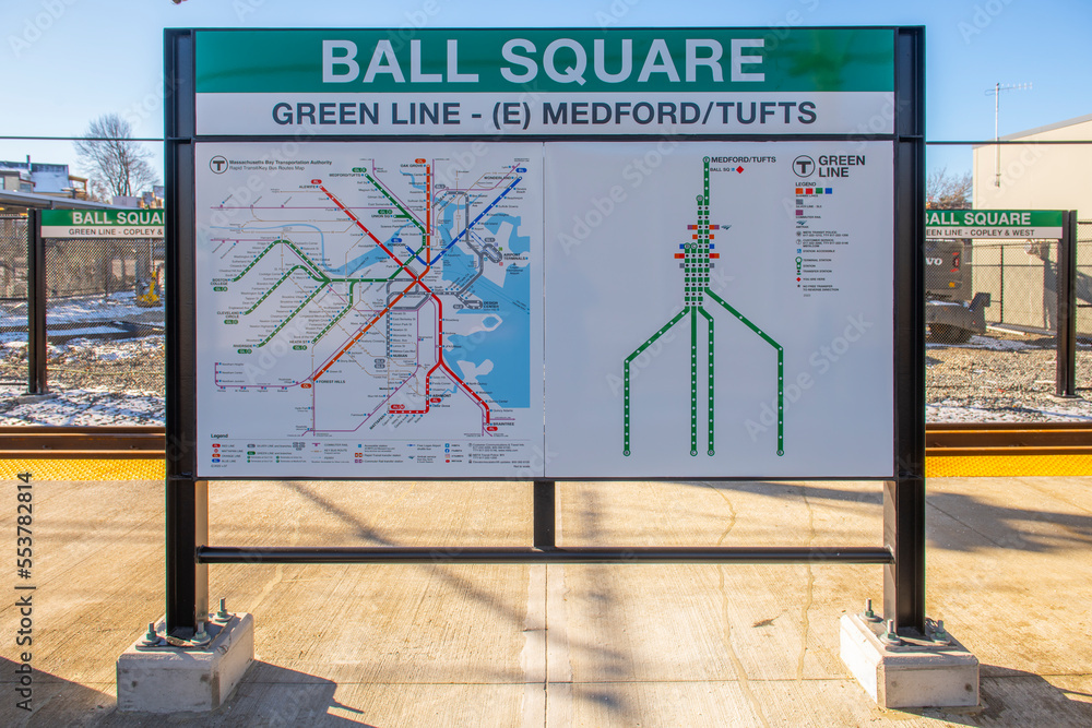 Sign and map of MBTA Green Line Ball Square station in city of Medford ...
