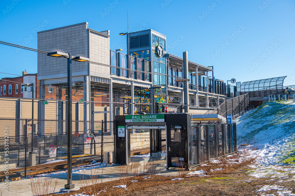 Boston Metro MBTA Green Line Ball Square station in city of Medford and ...