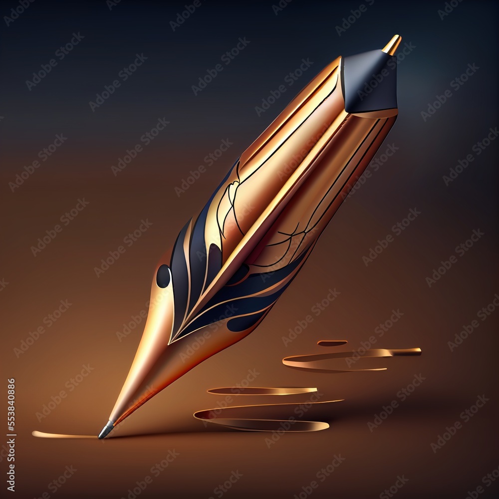 a golden fountain pen with a black and gold design on it's tip and a ...
