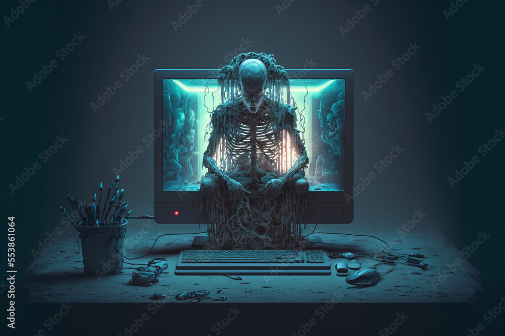 illustration of freezing skeleton corpse pop out from computer monitor ...