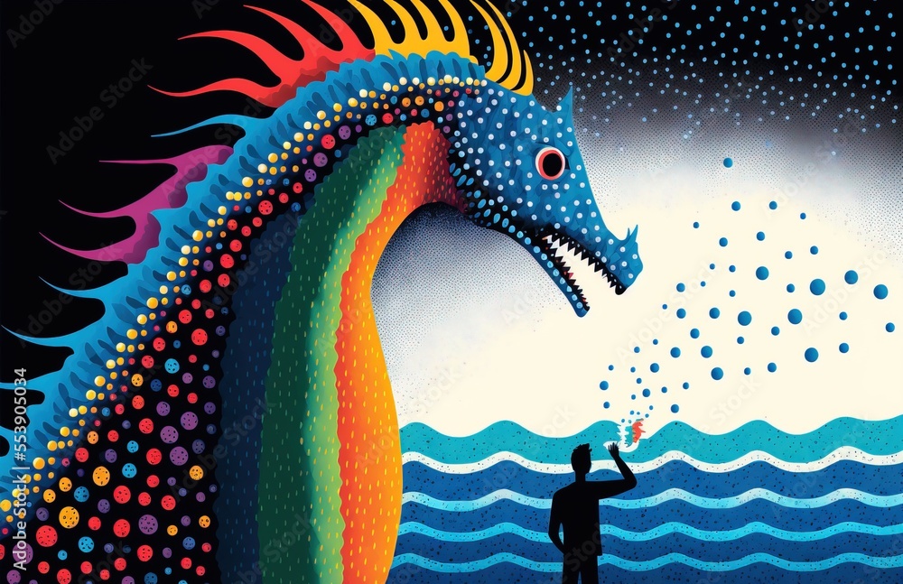 Colorful giant seahorse aquatic dragon creature in the ocean - mythical ...
