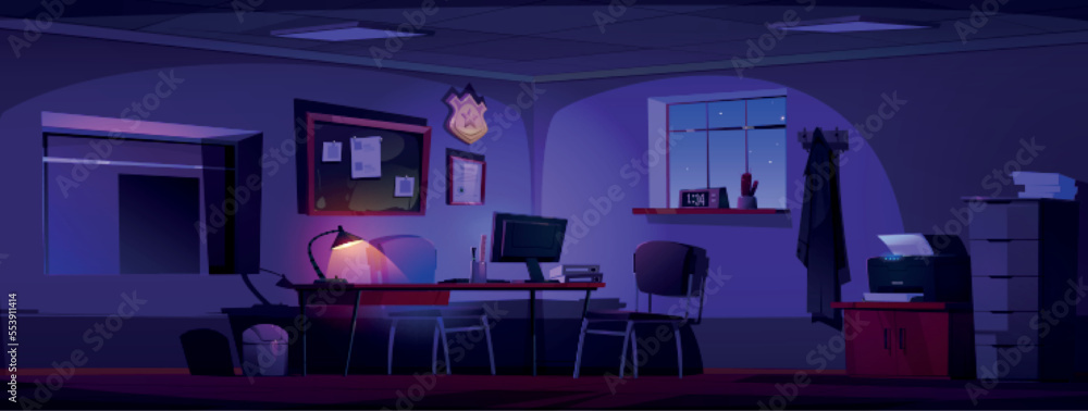 Police department office interior at night. Empty dark room in police ...
