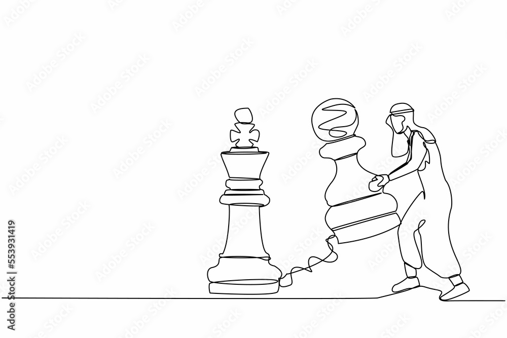 Continuous one line drawing Arab businessman lifting pawn chess piece ...