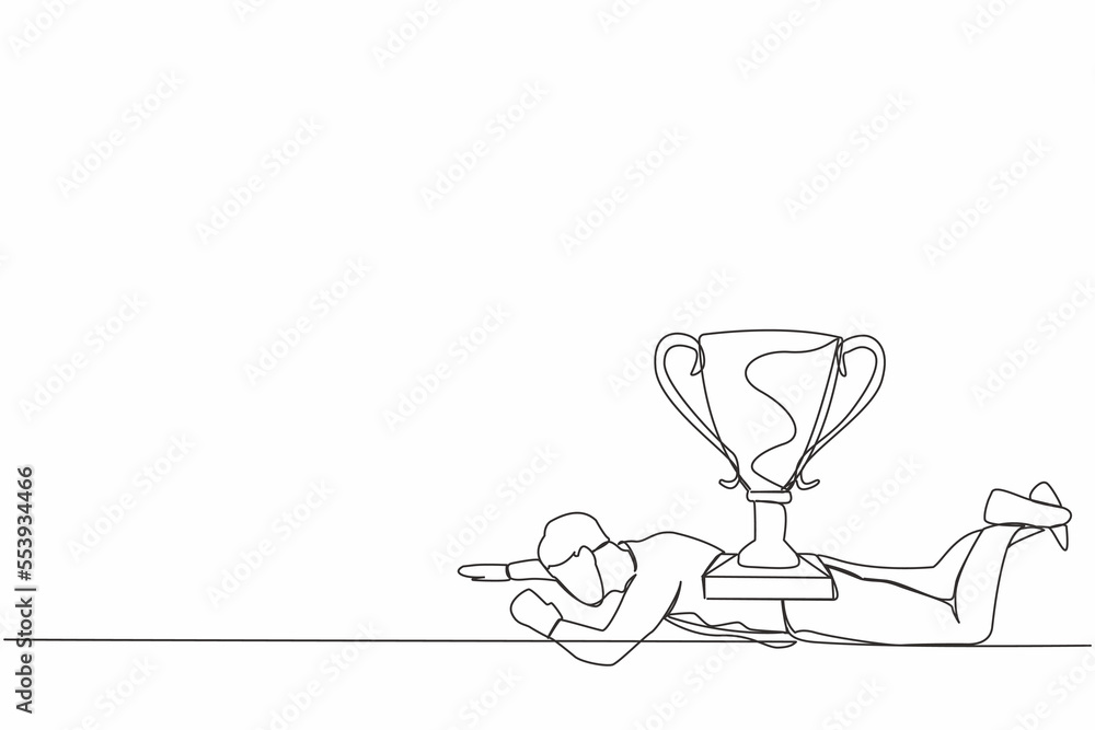 Continuous one line drawing depressed businessman under heavy trophy ...