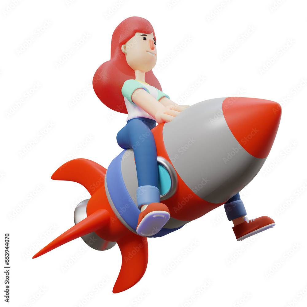 3D Illustration. Cool Cute Girl 3D character riding a rocket. showing a ...