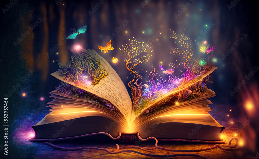 Open magic book with growing lights, magic powder, butterflies. Magic ...