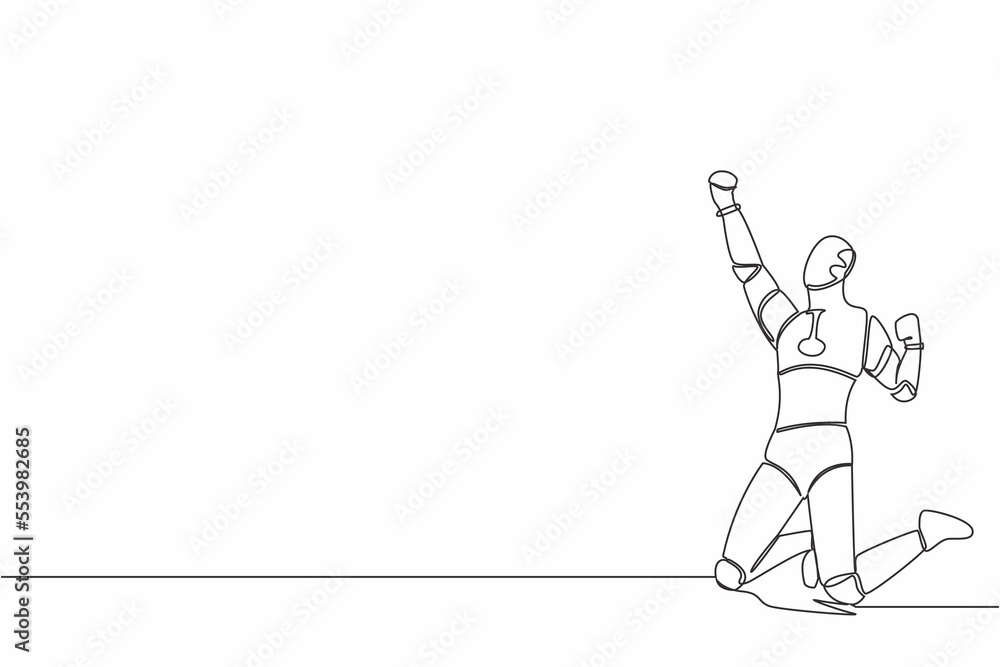 Continuous one line drawing happy robot kneeling with raised one hand ...