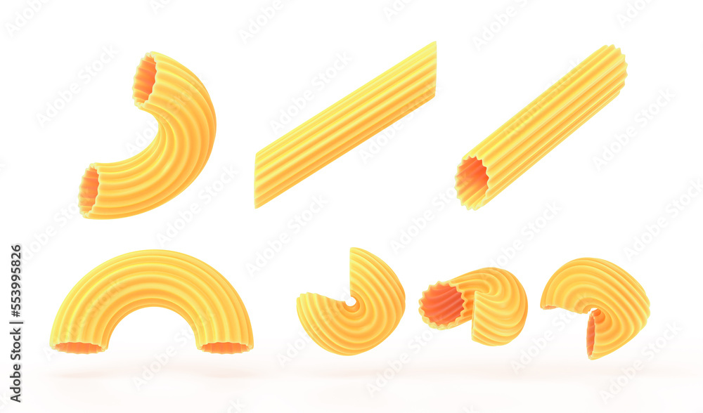 Pasta and macaroni of different shapes 3d render icons set. Realistic ...