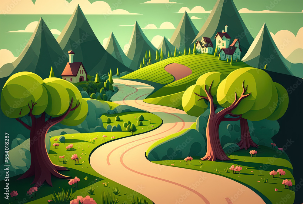 Ilustrace components of a fairy tale landscape. Cute road with lovely ...