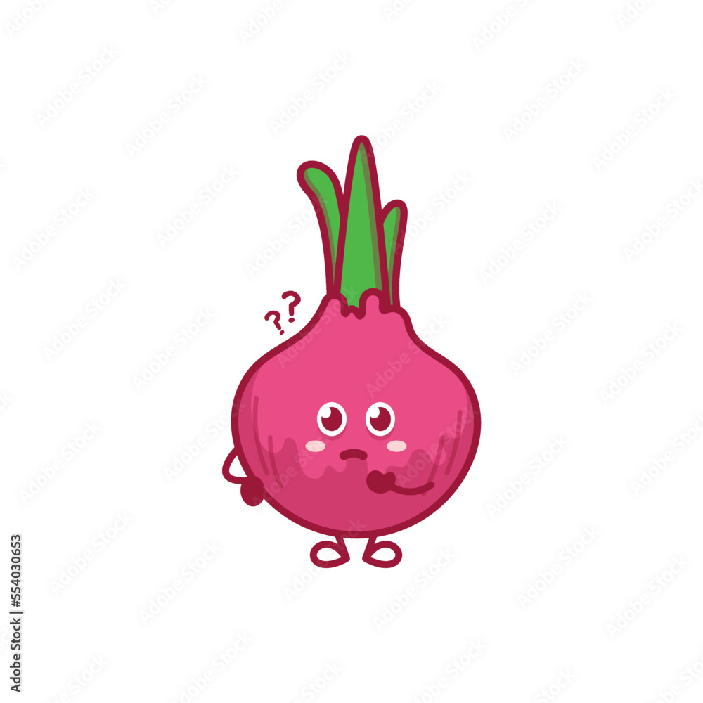 Cute funny red onion vegetable with face. Vector cartoon kawaii doodle ...