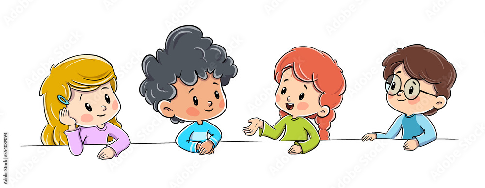 Group of children talking to each other listening to others Stock ...