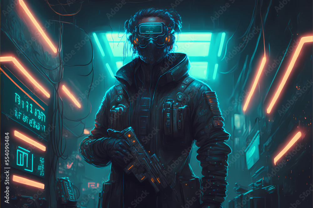 Cyberpunk futuristic super soldier woman standing in full armor with ...
