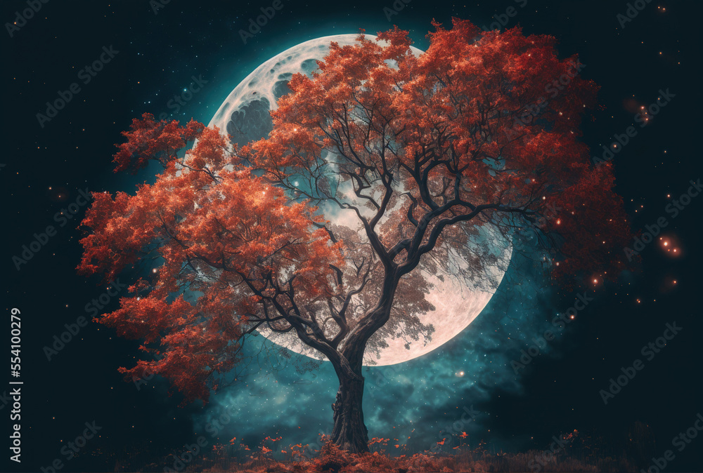 ภาพประกอบ Stock Beautiful autumnal dream with a full moon and starry ...