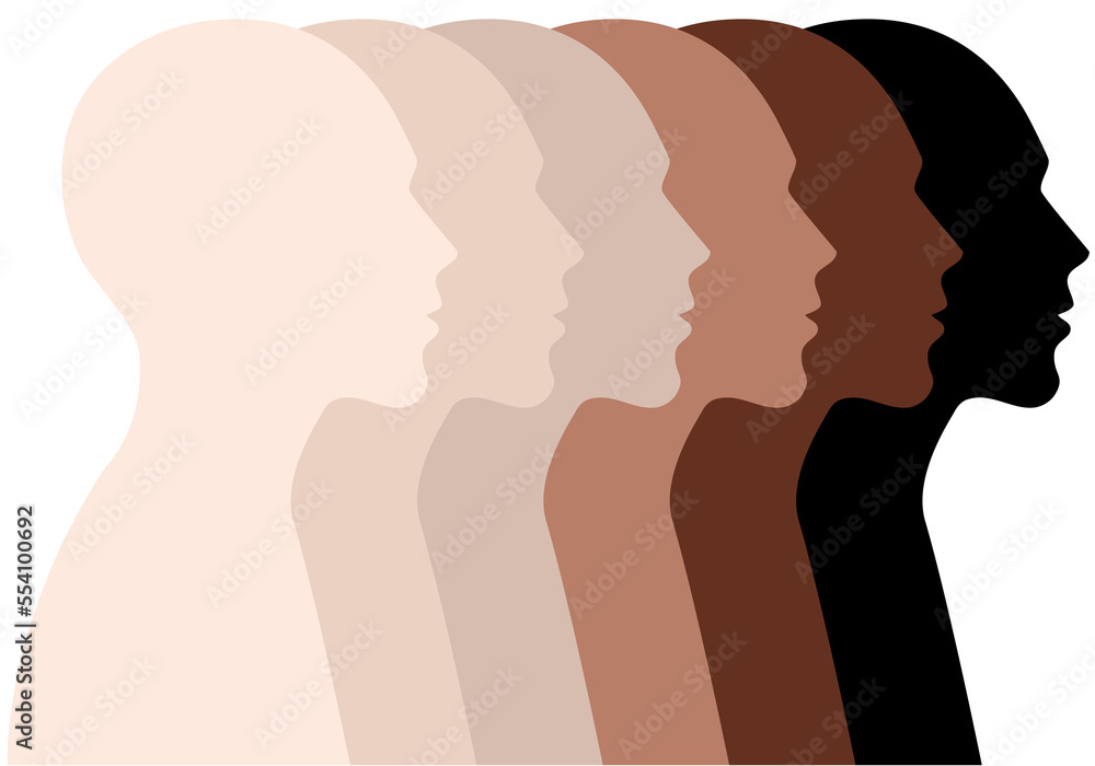Male faces, profile silhouettes, skin colors, illustration over a ...